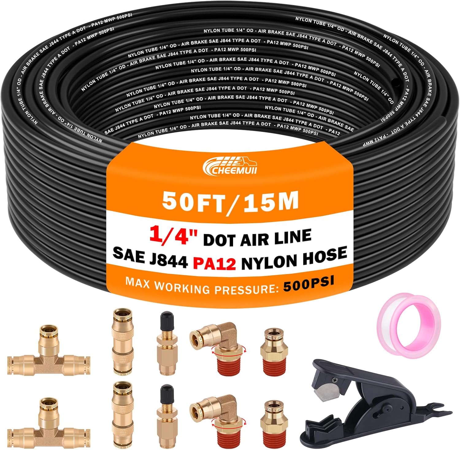 CheeMuii 50 FT DOT Air Line With Brass Fittings Kit for Air Bags ...