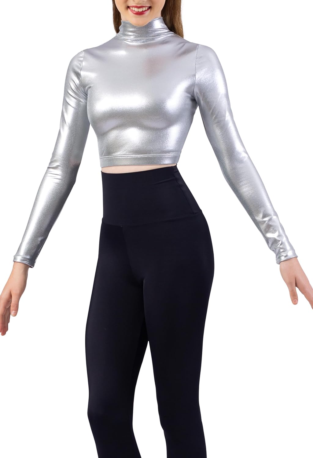 Amazon.com: Balera Womens Mock Neck Long Sleeve Premium Metallic Crop ...