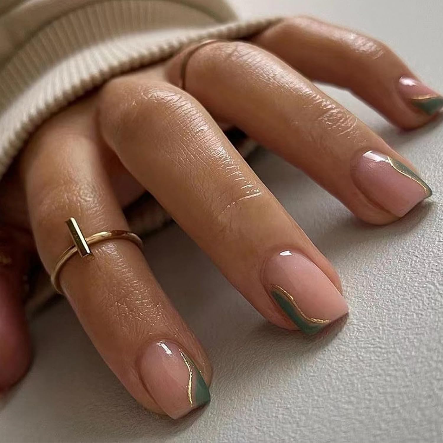 Amazon.com: Short Square Press On Nails -Nude pink Green with Gold ...
