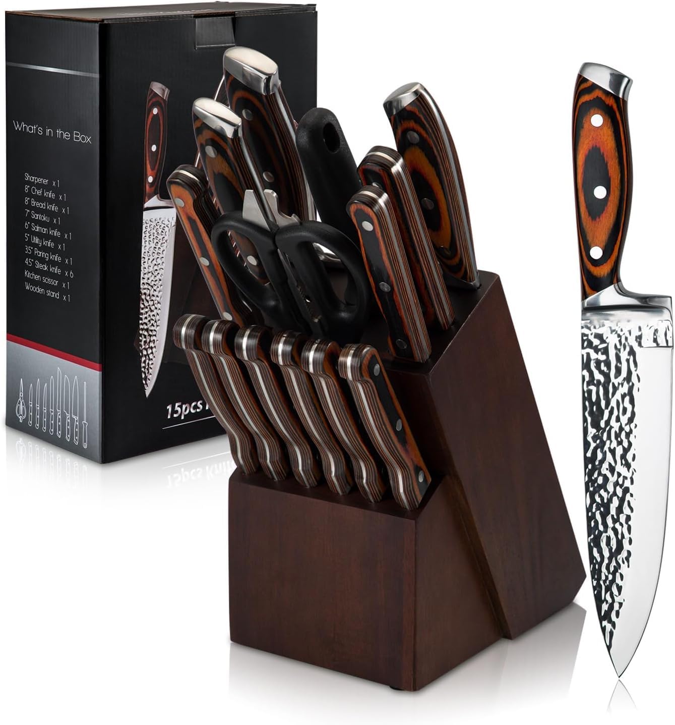 Kitchen Knife Set,15-Piece Knife Set with Block Wooden,Self Sharpening ...