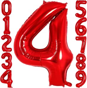 Amazon.com: Red Number 4 Balloon 40 Inch, Big Large Foil Helium Number ...