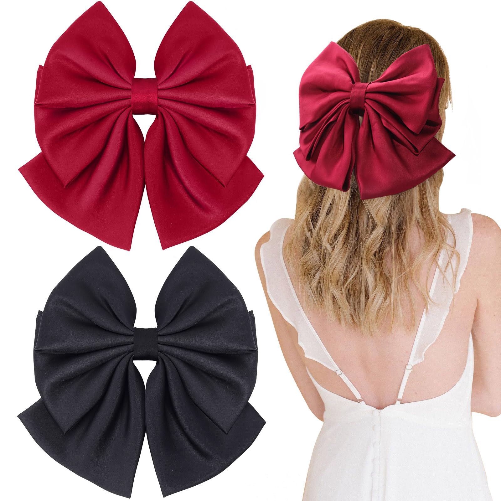 Amazon.com : VOBOBE 2PCS Big Hair Bows for Women Girls, Black Red Satin ...