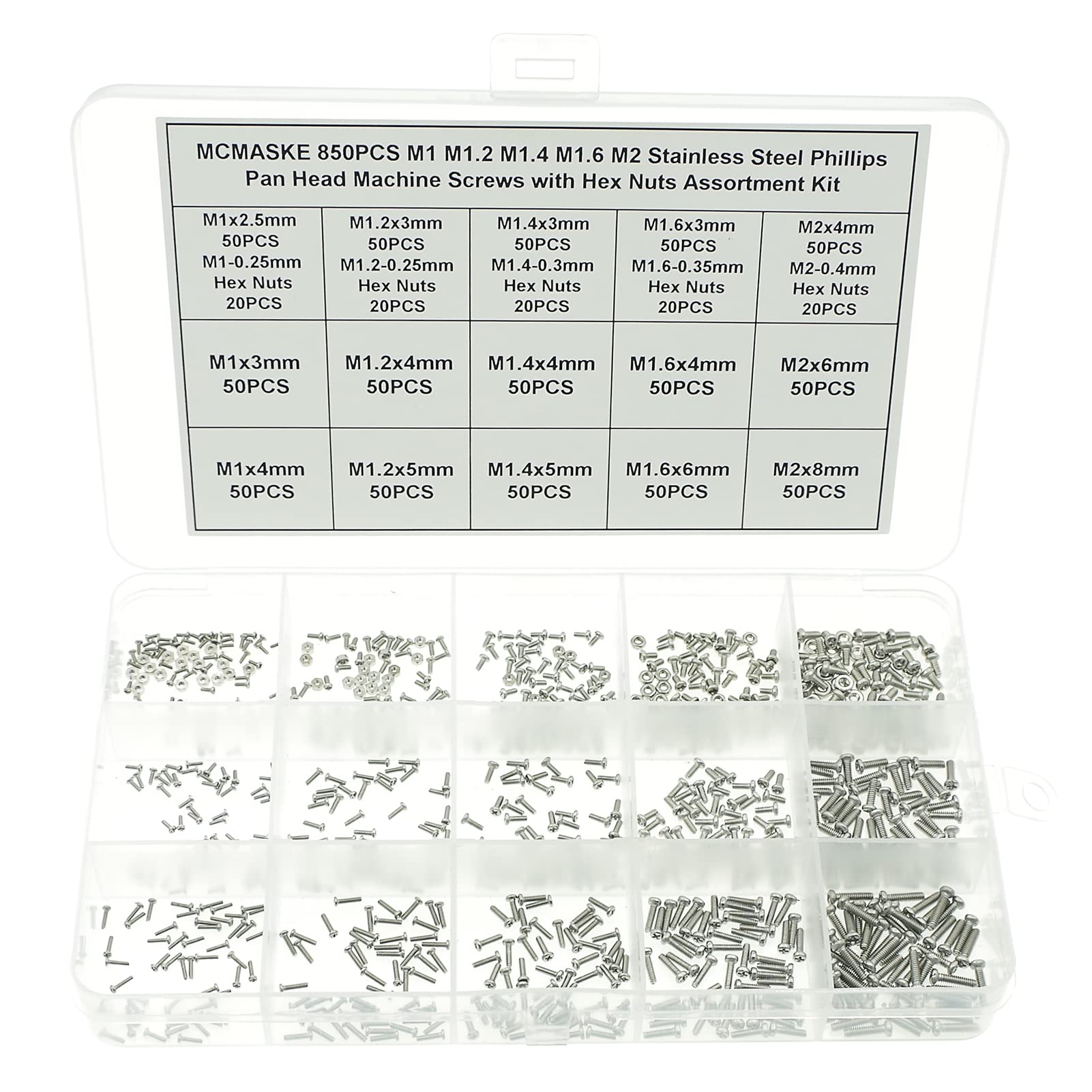 MCMASKE 850PCS M1 M1.2 M1.4 M1.6 M2 Metric Stainless Steel Phillips Pan ...