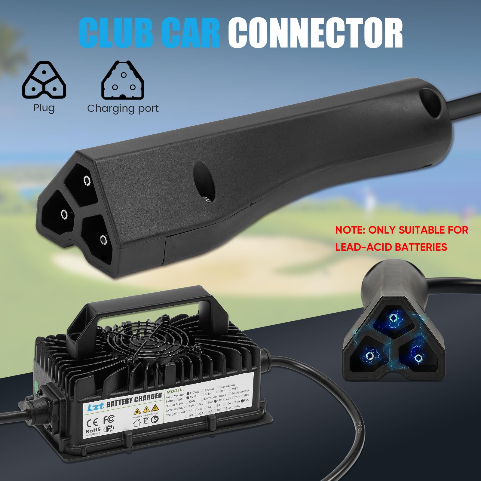 Blogole EZGO RXV/TXT Golf Cart Battery Charger, 3-Pin Triangle Style ...