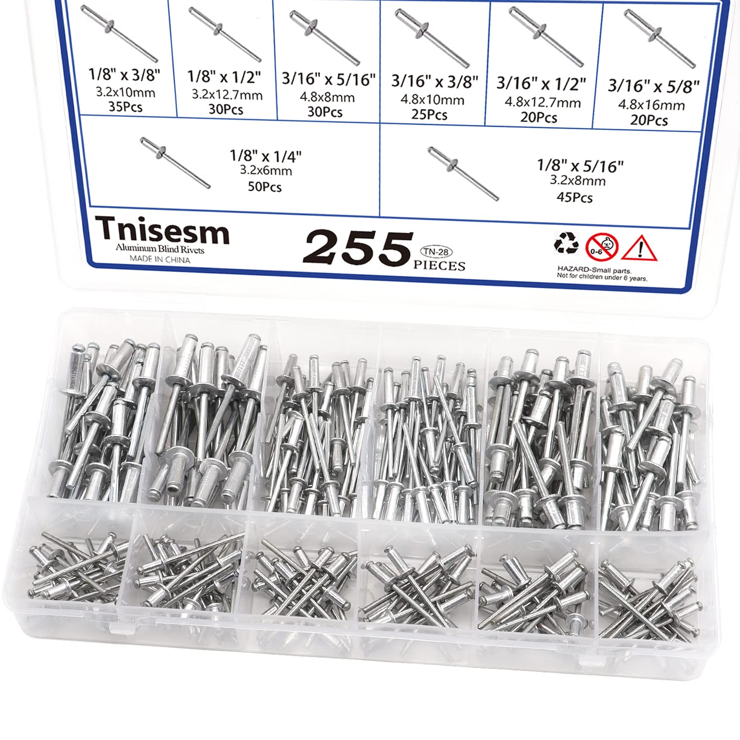 Tnisesm 255Pcs Sizes Tradespro Aluminum Rivet Assortment, Pop Rivets ...