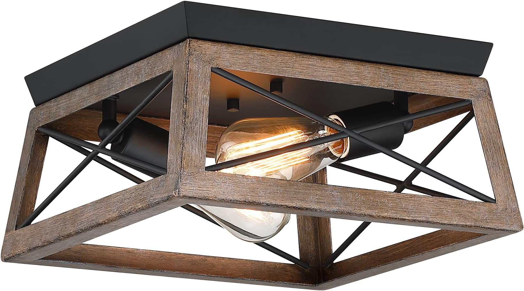 2-Light Black and Wood Flush Mount Ceiling Light with Bronze Wood Grain ...