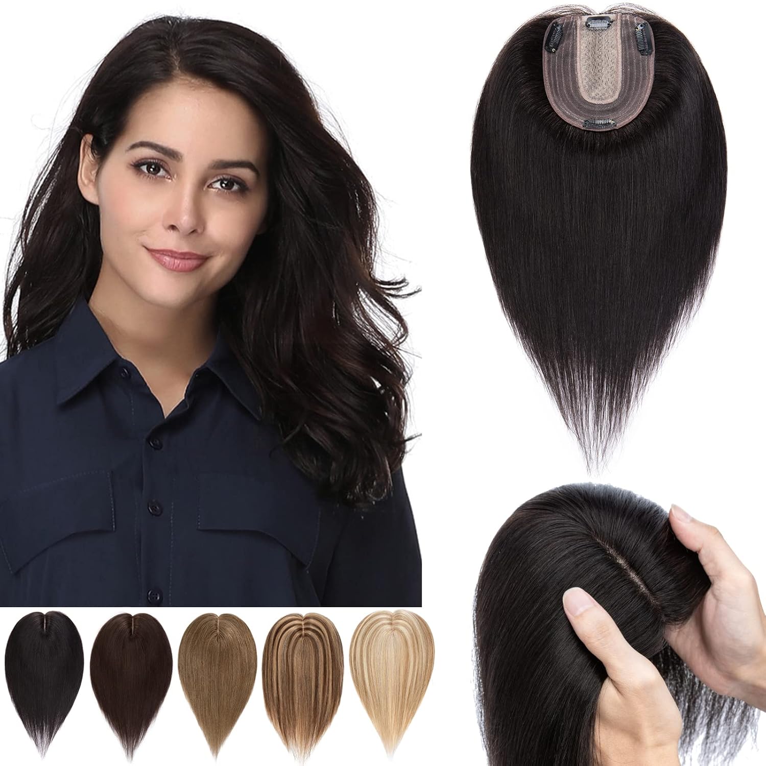 Amazon.com : MY-LADY Clip in Human Hair Topper for Women 130% Density 10 * 12cm Silk Base 35g 10 ...