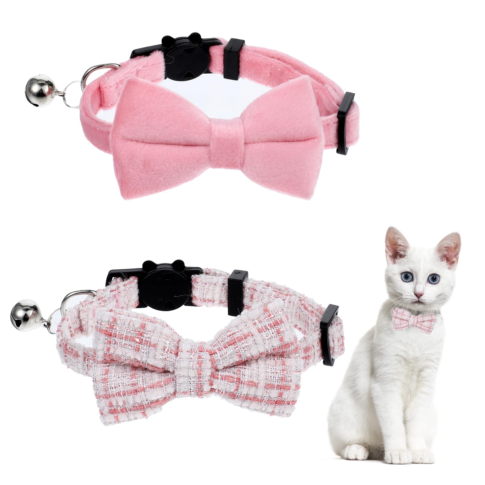 2 Pack Cute Cat Collars for Girl Cats Pink Kitten Bowtie Collar with ...