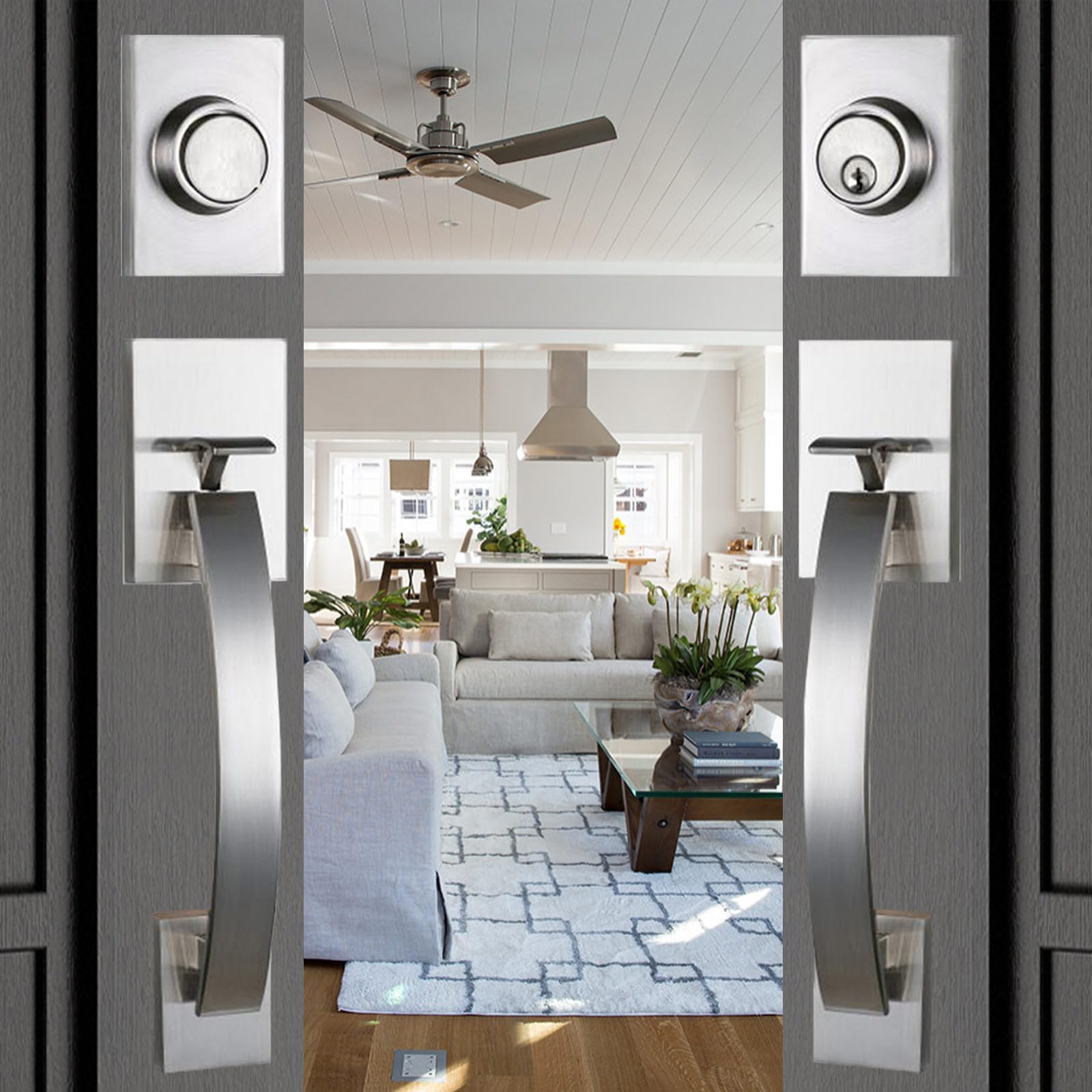 NEWBANG Silver Double Doors Handle Lock Set for Front & Entry Door ...