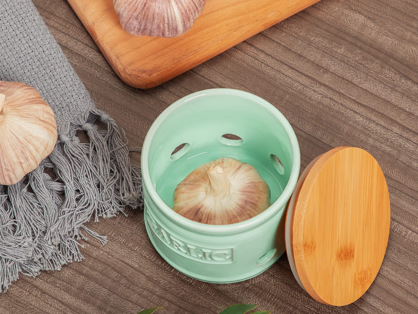 ONEMORE Ceramic Garlic Storage Container With Bamboo Lid ONEMORE ...