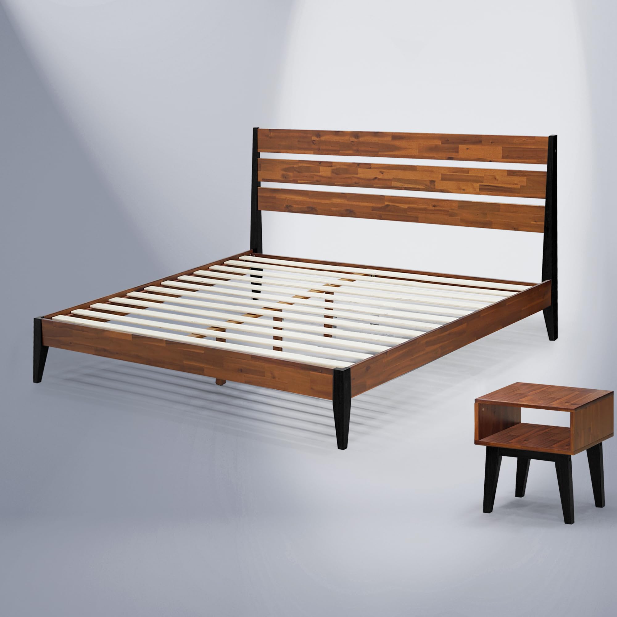 Premium Acacia Emery Bed Frame with Nightstand, Affordable 2-Piece ...