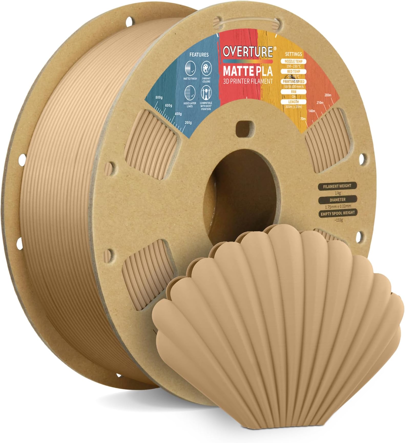 OVERTURE PLA Matte Filament 1.75mm, Matte PLA Roll 1kg Cardboard Spool ...