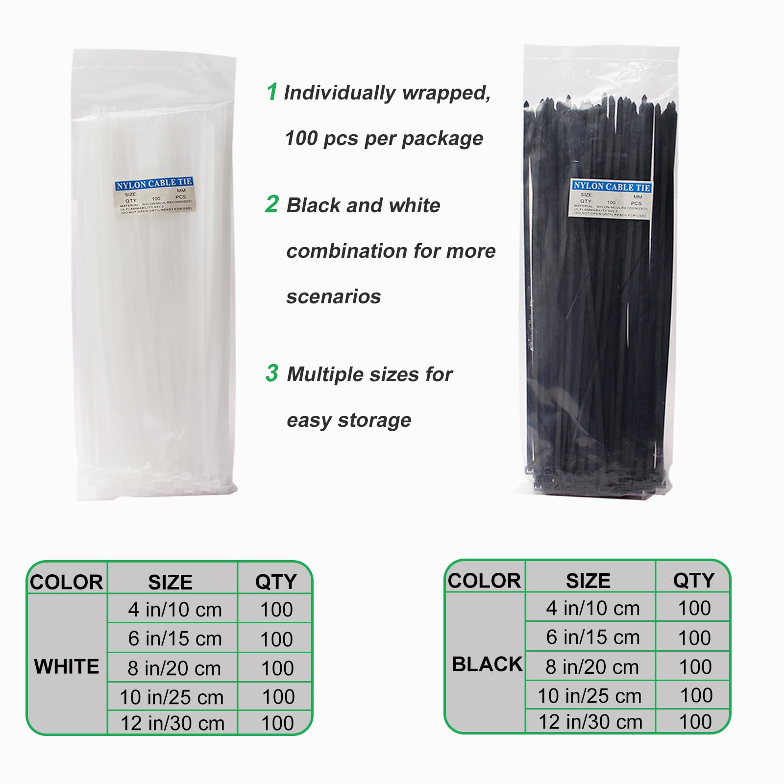Snapklik.com : Zip Ties 1000 Pcs Cable Management Black White Assorted ...