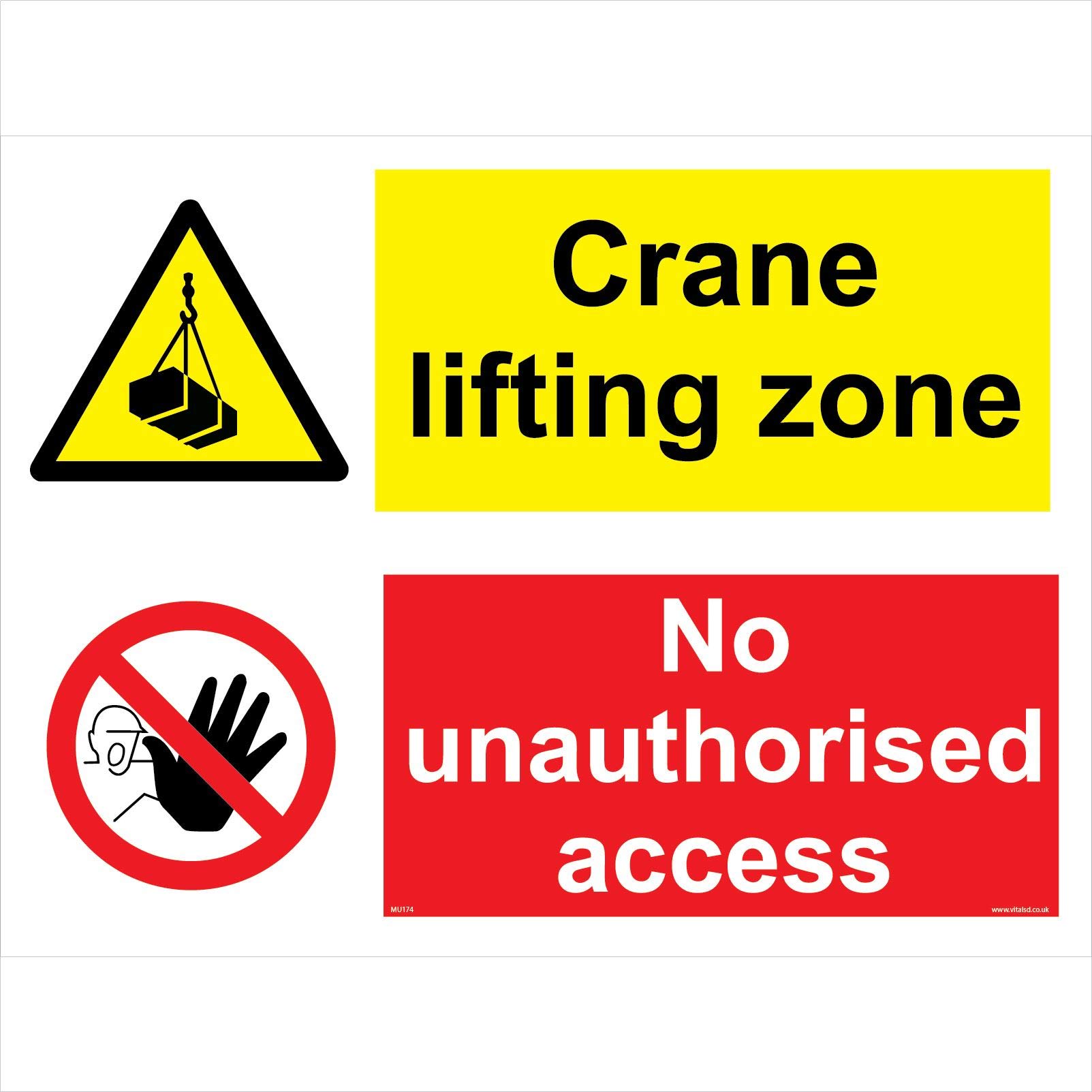 MU174 Multiple Sign CRANE LIFTING ZONE NO UNAUTHORISED ACCESS 600mm x ...