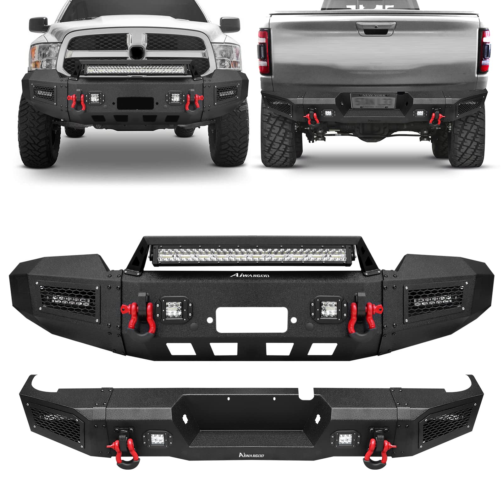 Buy RAM 2500 3500 Front Bumper and Rear Bumper with LED Lights, Winch ...