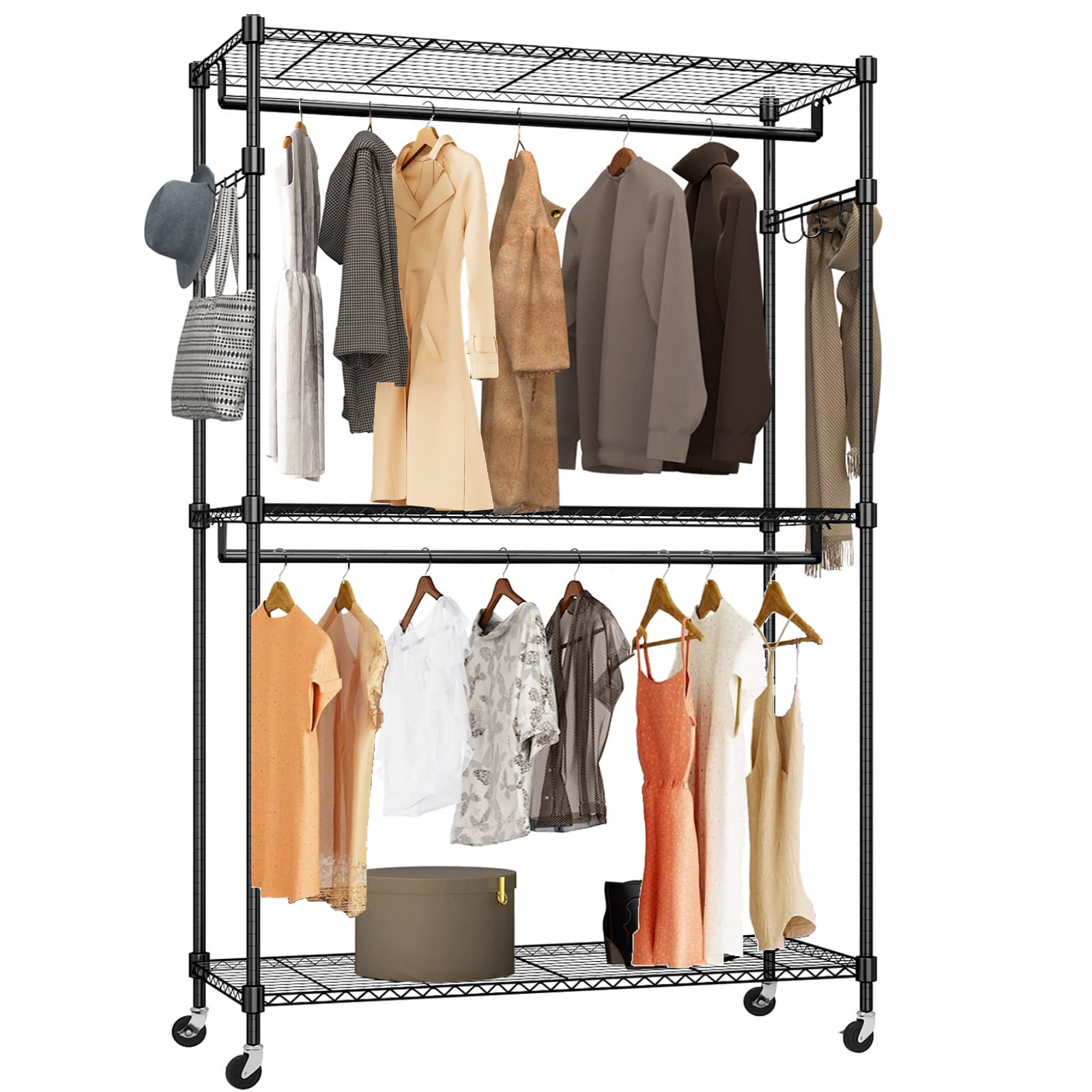 Himimi Heavy Duty Rolling Garment Rack 3 Tier Wire Shelving Clothes ...