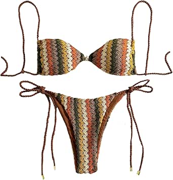 Amazon.com: GORGLITTER Women's High Cut String Thong Bikini Set Colorful Striped Cheeky Boho ...