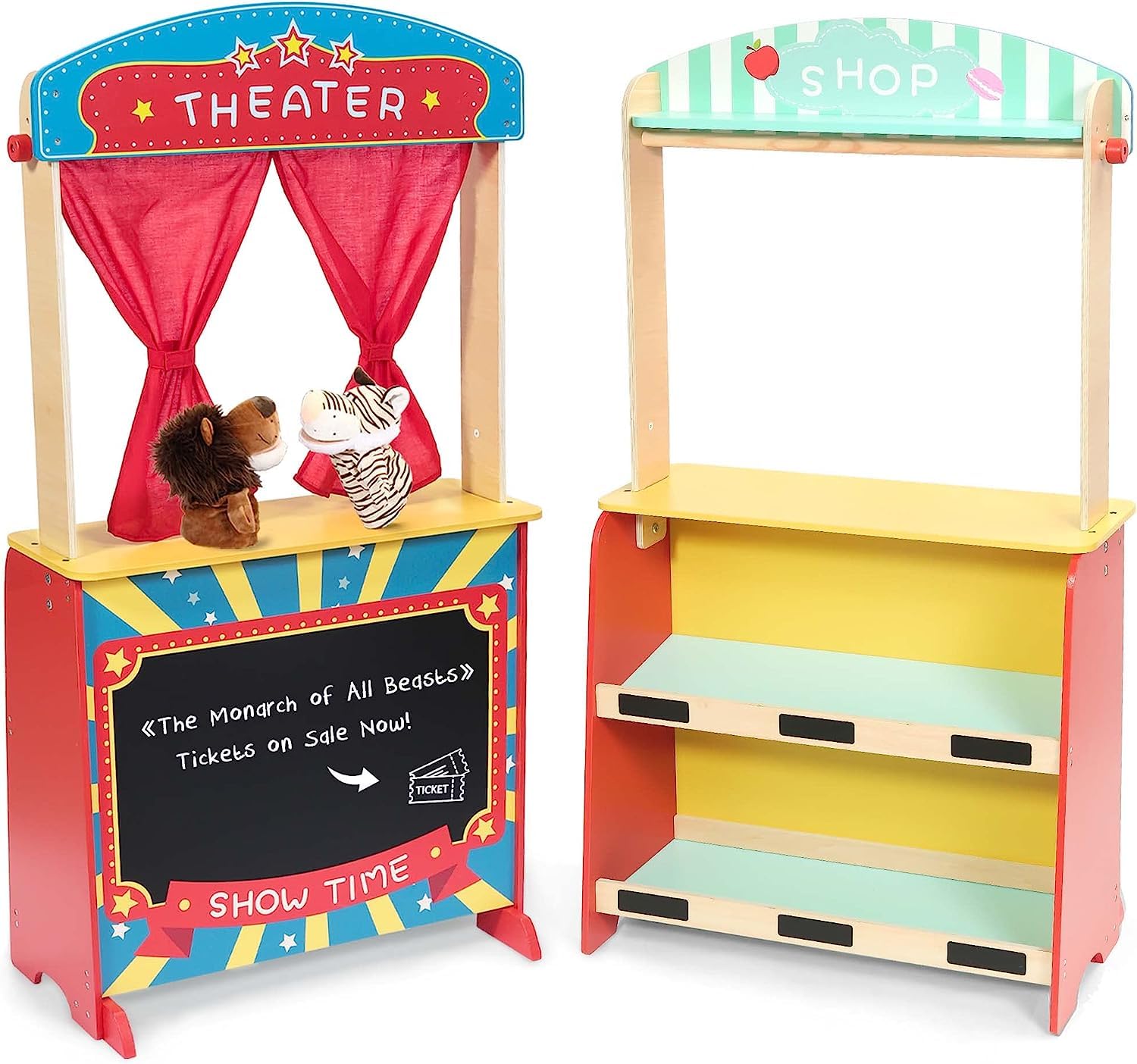 Wooden Puppet Theater Bonus 2 Hand Puppet, Double-Sided Lemonade Stand ...