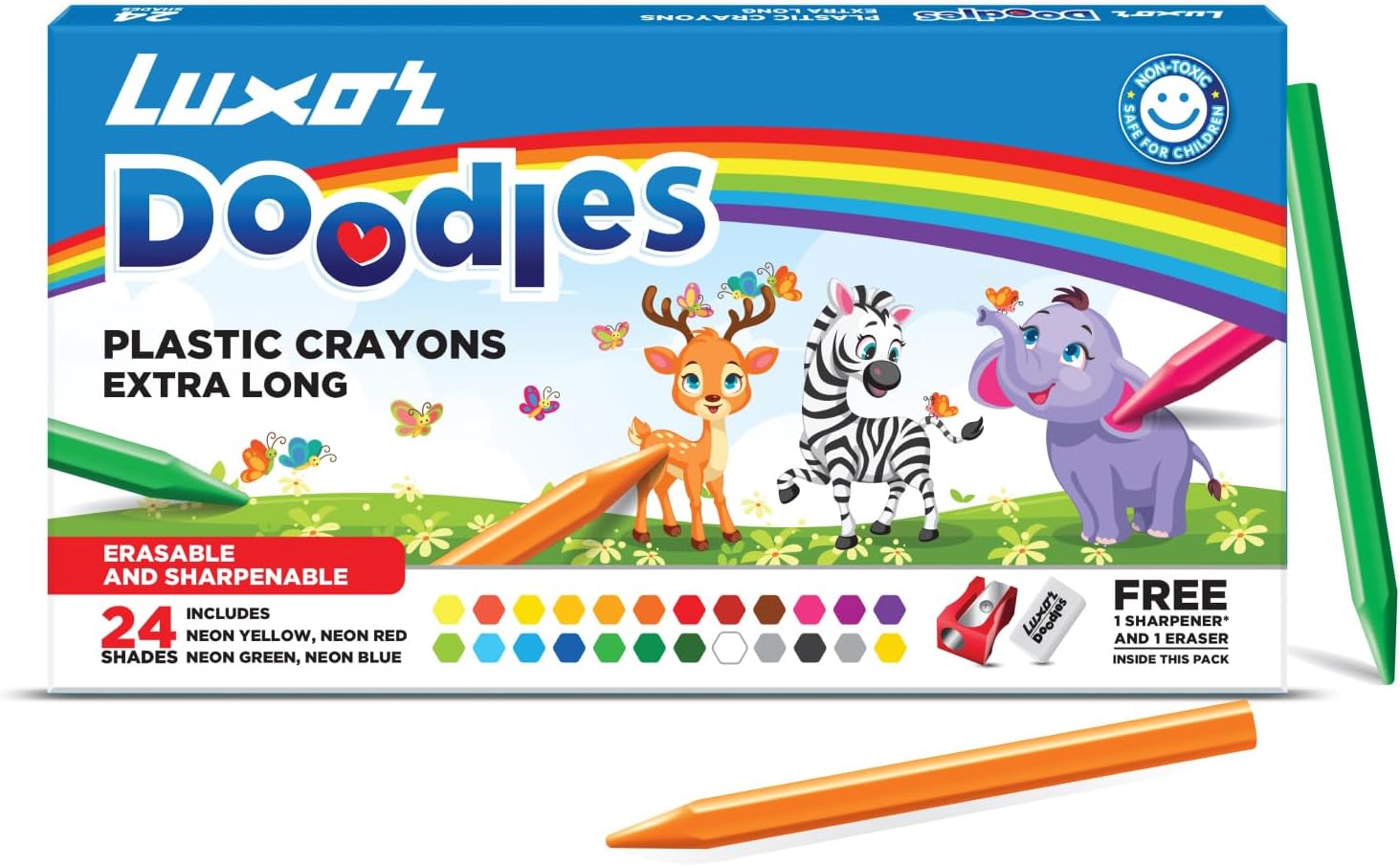 Luxor Doodles Extra Long Plastic Crayons| 24 Assorted Shades| 1 Free ...