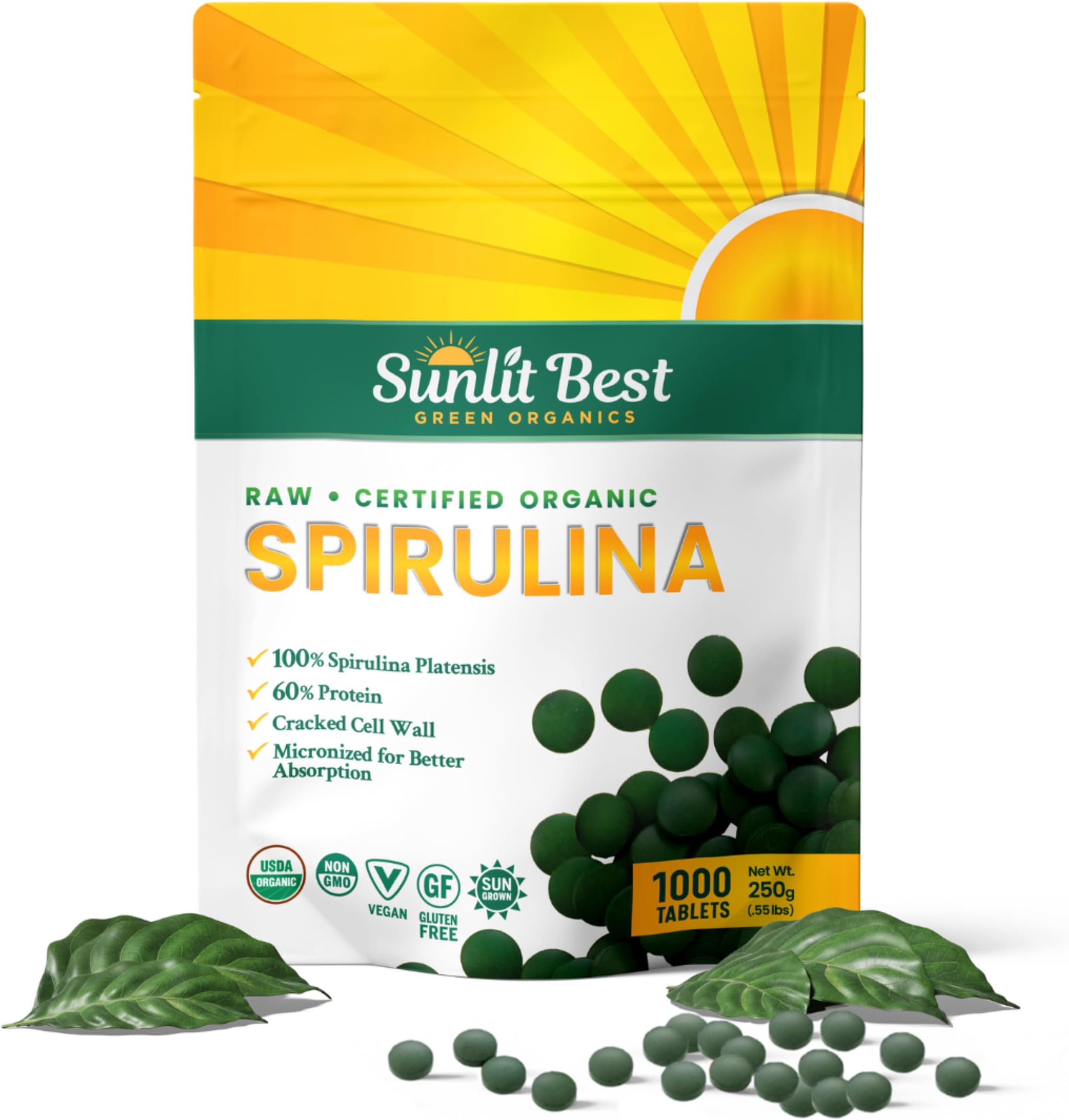 Amazon.com: Sunlit Best - USDA Organic Spirulina Tablet - Natural Super ...