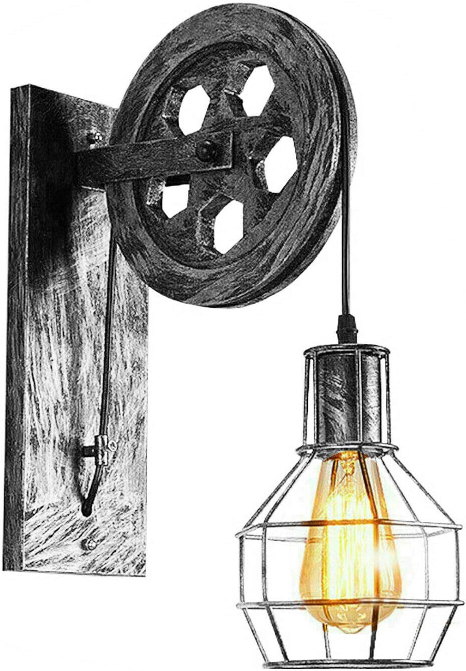 Farmhouse Loft Pulley Wheel wall Light with Metal Cage, Industrial ...