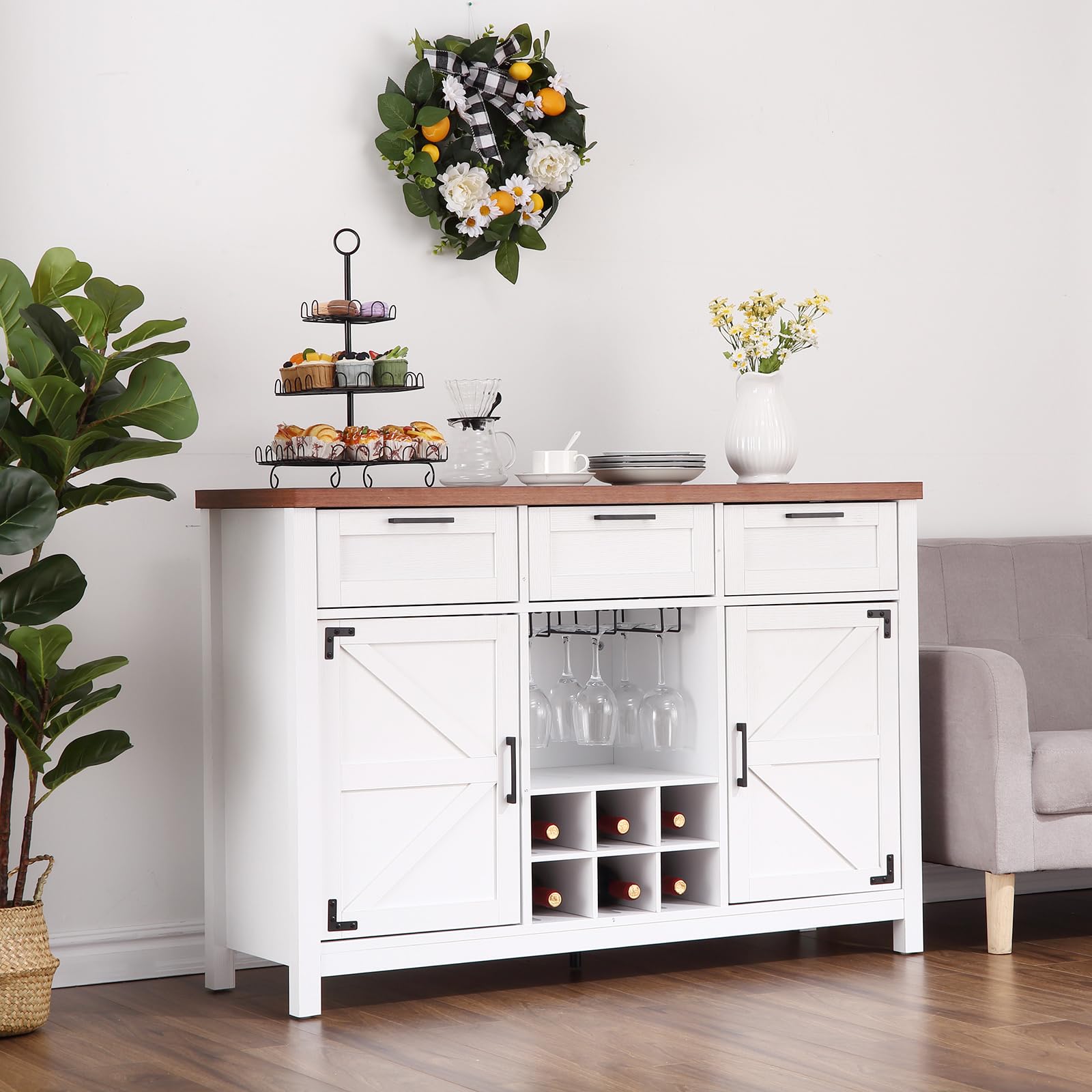 Farmhouse Buffet Cabinet, 48”Sideboard Coffee Wine Bar Cabinet w/ 3 ...