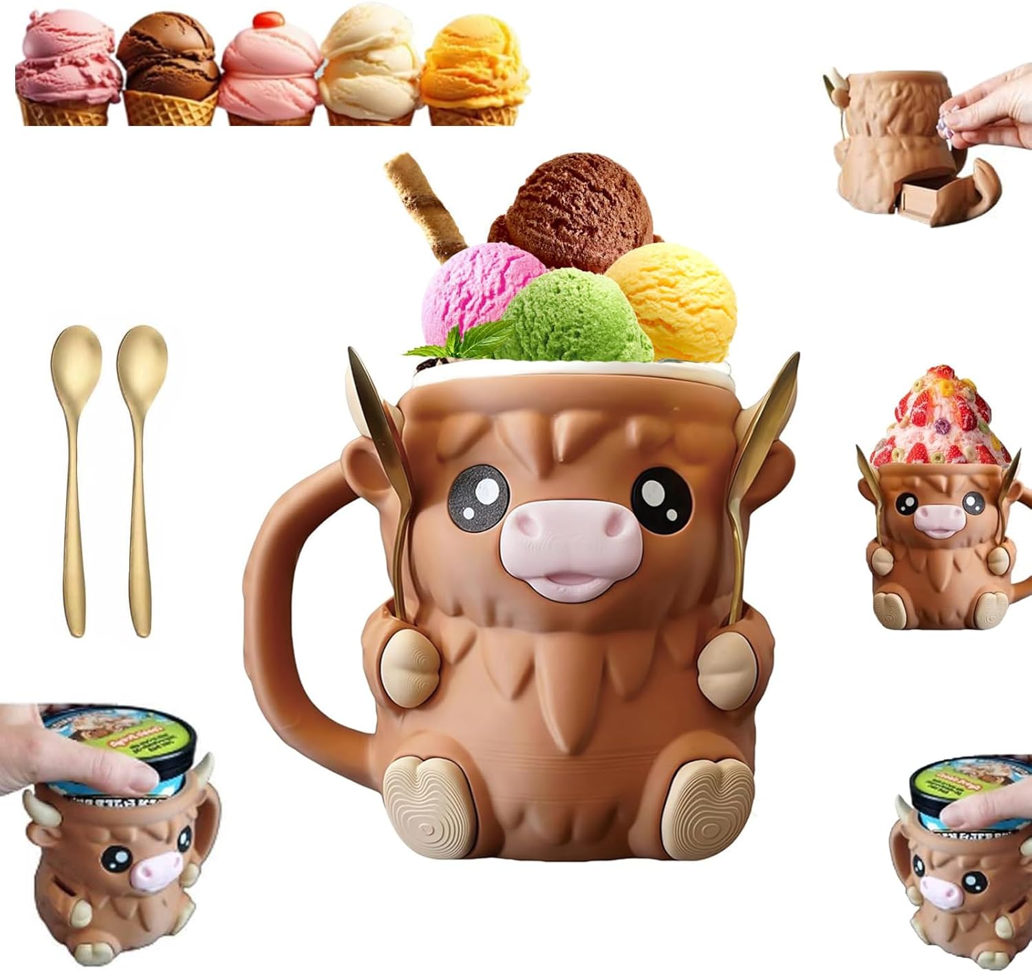 Amazon.com: Highland Cow Holder – Cute Cow Ice Cream Cup With Spoon, 3D ...