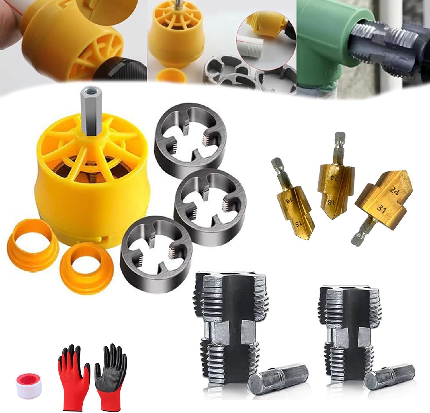 Electric Drill Compatible Pvc Pipe Threader Kit with Various Die Sizes ...