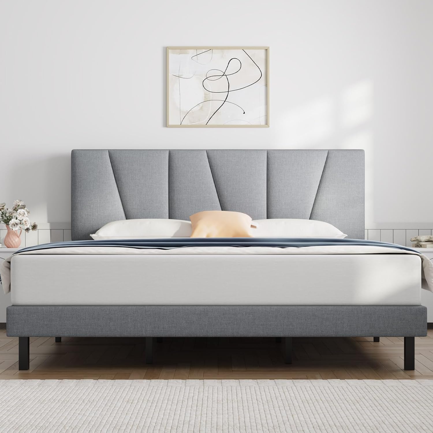 Amazon.com: Molblly King Bed Frame Upholstered Platform with Headboard ...
