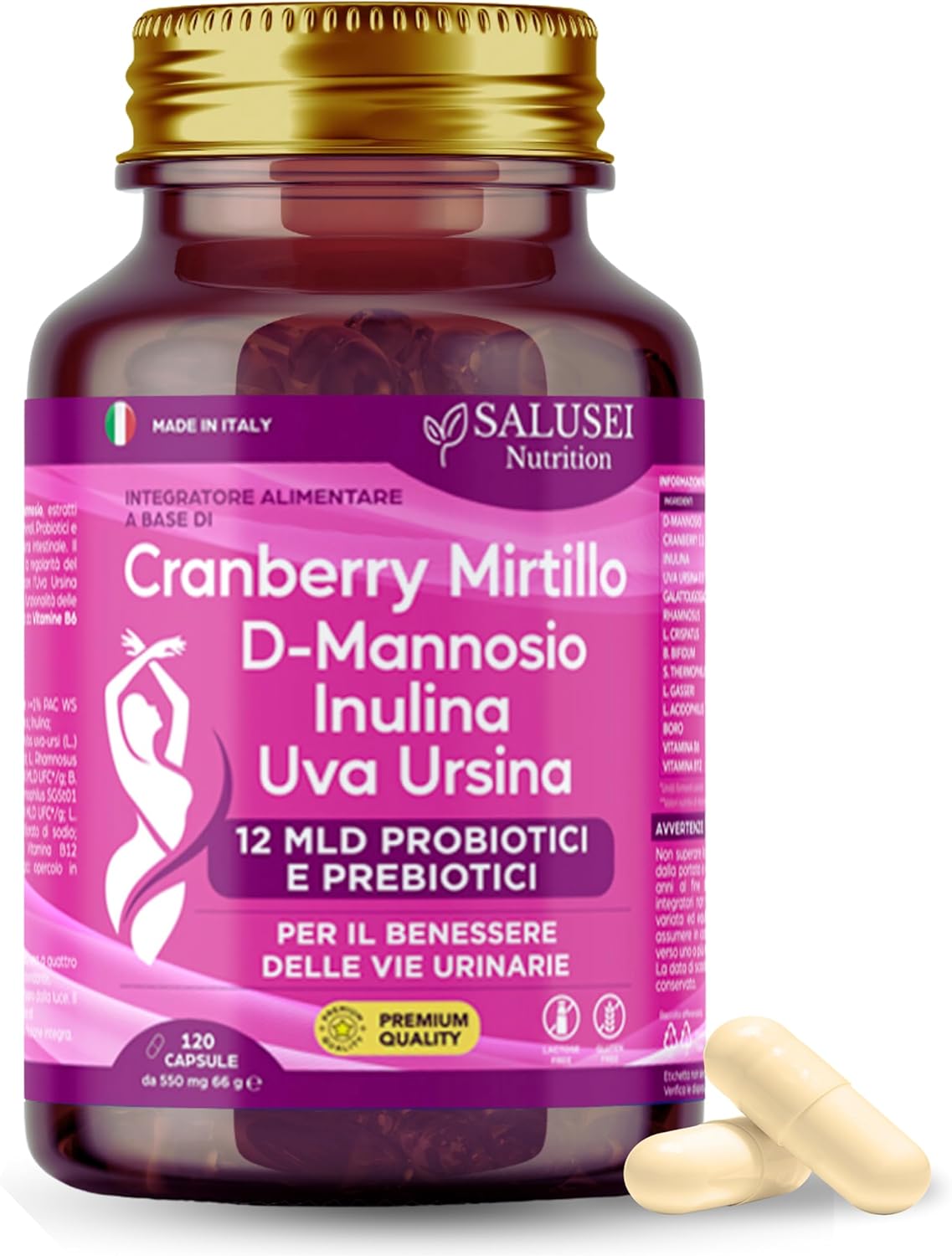 SALUSEI 120 Capsule Integratore D Mannosio Cistite, Probiotici Donna, Cranberry, Mirtillo Rosso ...