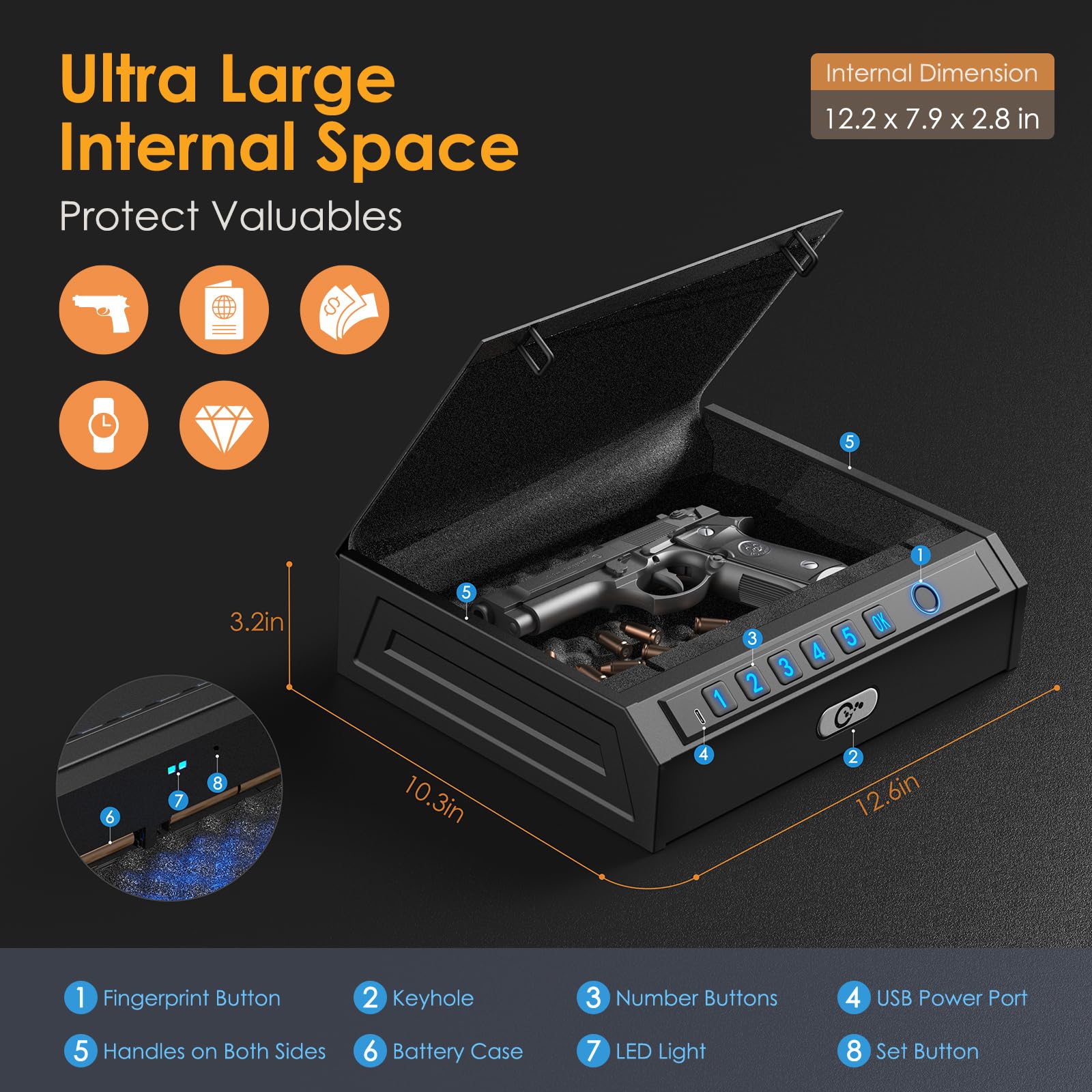 tomvorks Gun Safe Biometric Handgun Safe, Fingerprint Pistol Safe 3 ...