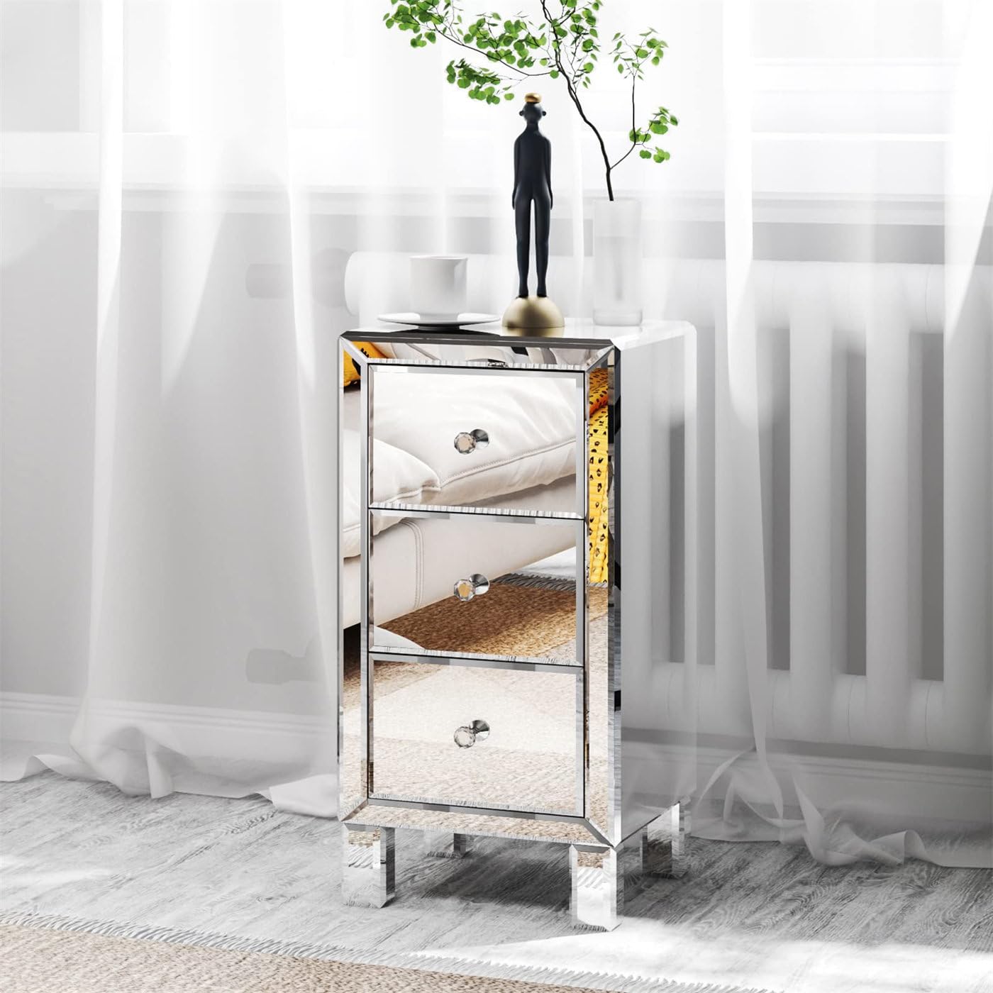 yoyomax Mirrored Nightstand, 3-Drawer Mirrored End Table with Crystal ...