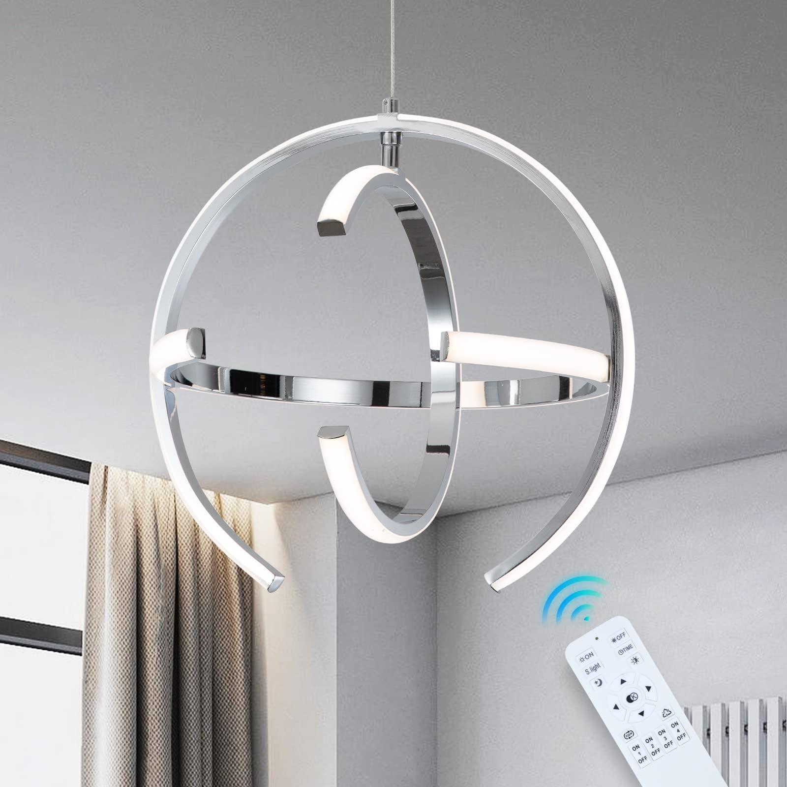 KELUOLY Chrome Modern LED Pendant Light, Silver Dimmable Metal Globe ...