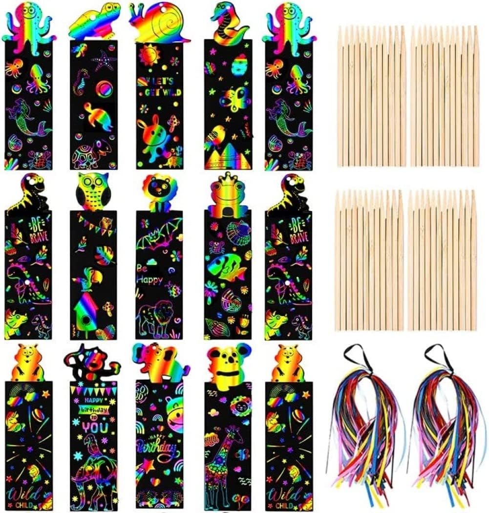 LATERN 96Pcs Scratch Art Bookmarks, 12 Style Magic Scratch Rainbow ...