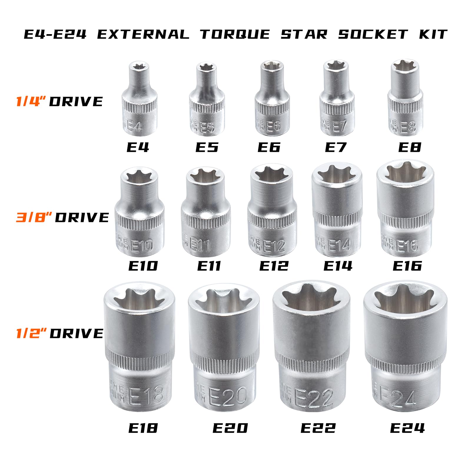 Snapklik.com : E-Torx Socket Set, 14 Piece Female E-Torx Star Socket ...