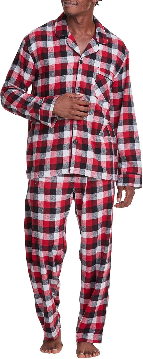 Hanes Men's 100% Cotton Flannel Plaid Pyjamas Top Pants Set, Red ...