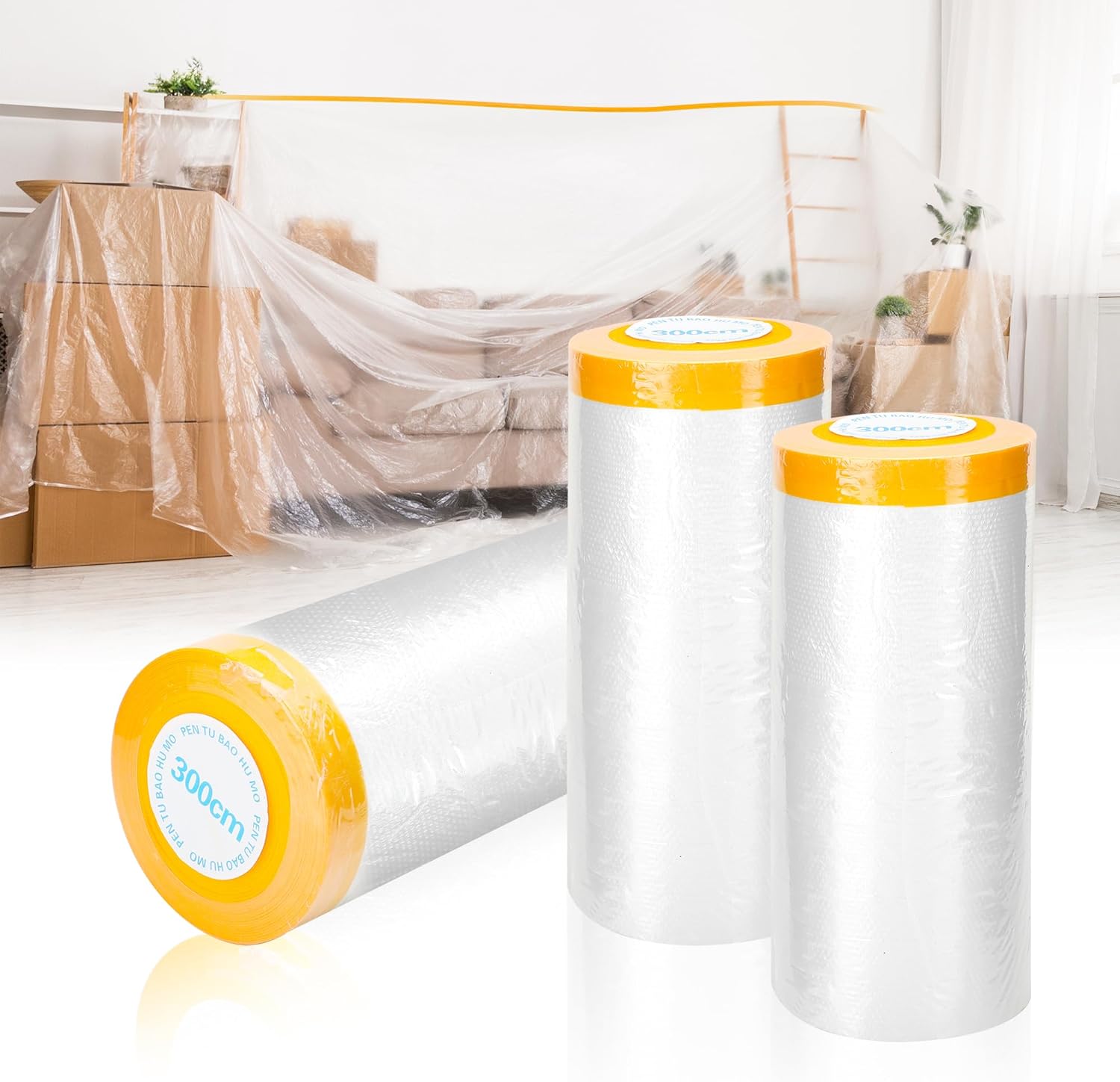 MATUFF Pre-Taped Masking Film 3 Pack, 10 x 65 feet Rolls, Tape and ...