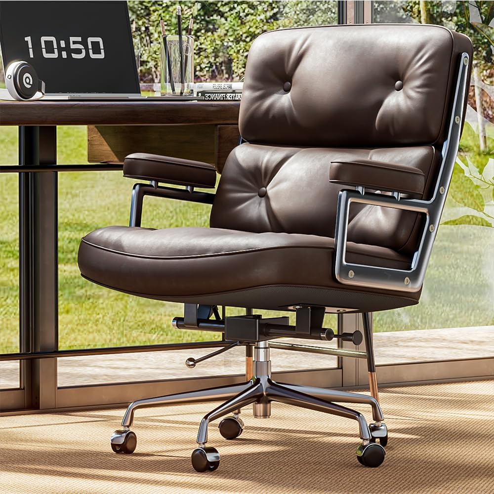 Redriver Genuine Leather Office Chair, Padded Mid Back Home Office Desk ...