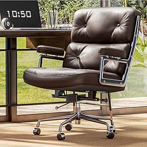Redriver Genuine Leather Office Chair, Padded Mid Back Home Office Desk Chair with Thickened ...