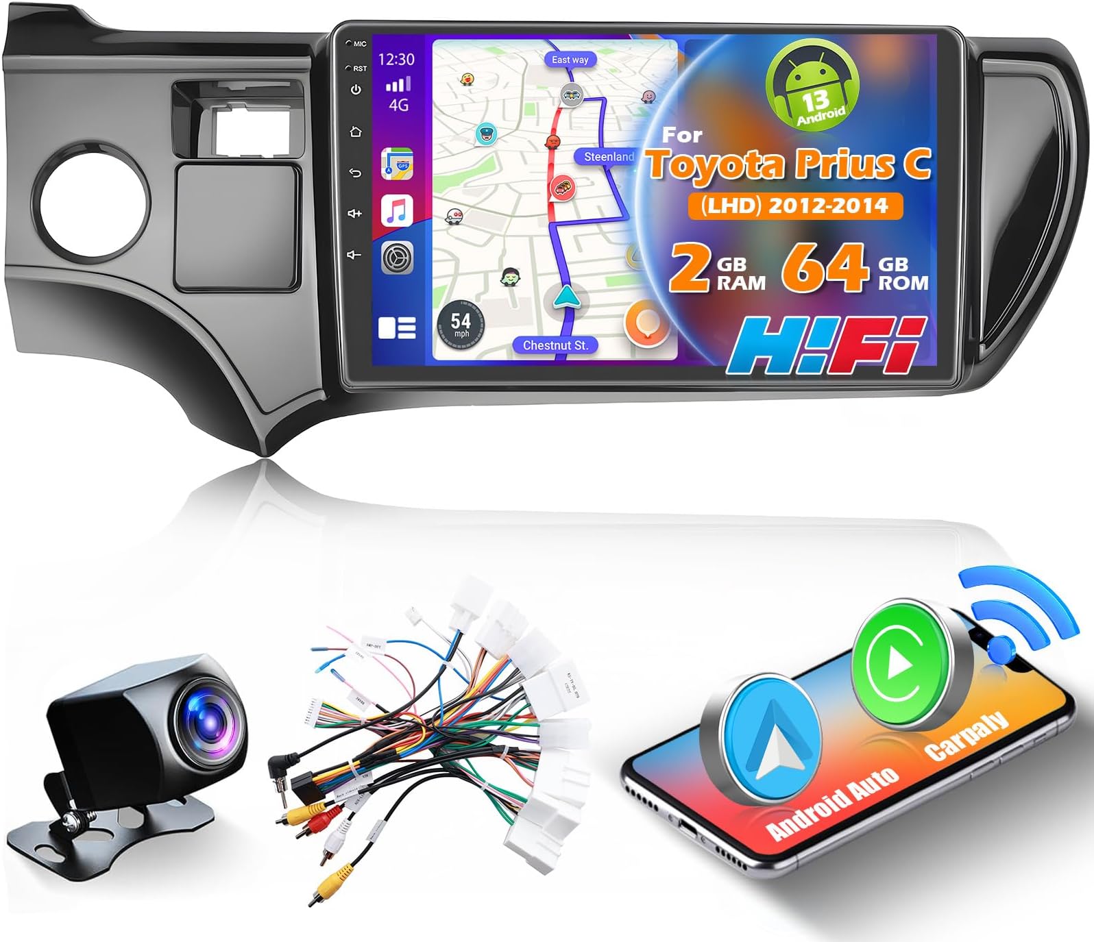 Amazon.com: Roinvou [2G+64G] for Toyota Prius C 2012-2014 (LHD) Car ...