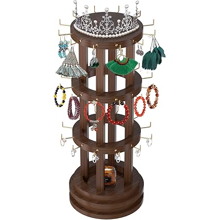 Amazon.com: Ikee Design Natural Wood Rotating 36 Hooks Jewelry Tower ...