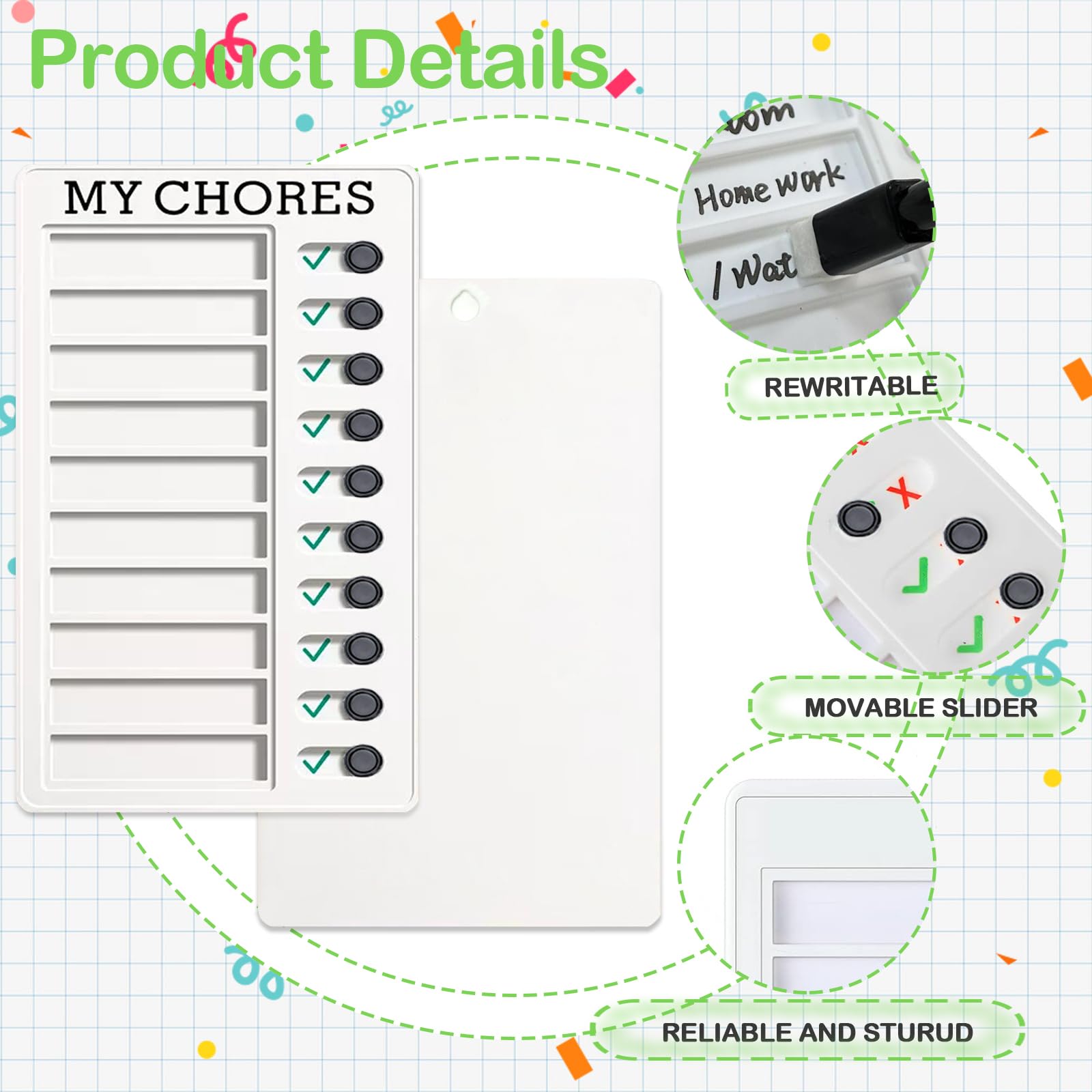 Buy Erasable Chore Chart for Kids with Markers and Wall Hook,Sliding ...