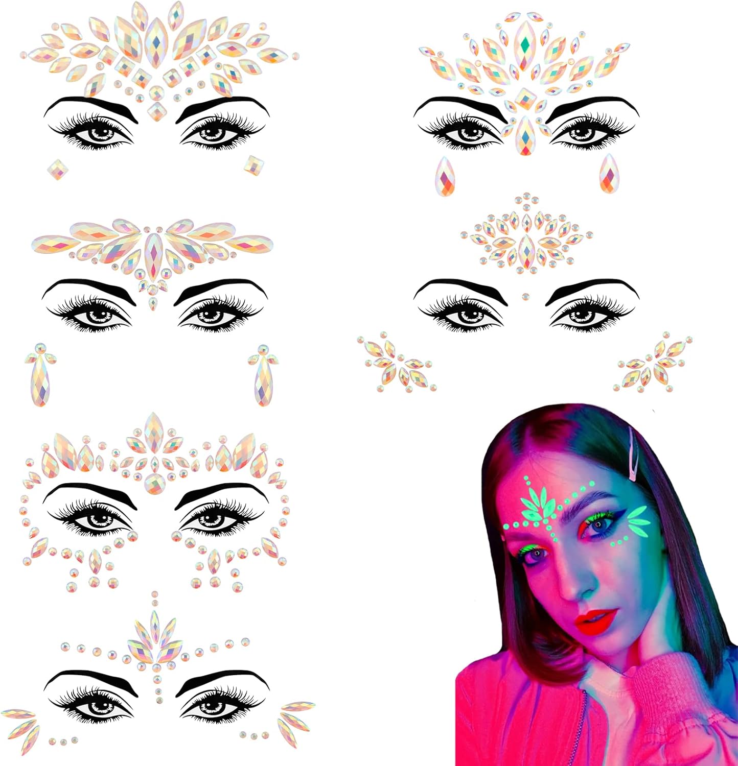 Dekewe 6 Pcs Strass Visage Lumineux, Étanche Strass Autocollant Visage ...