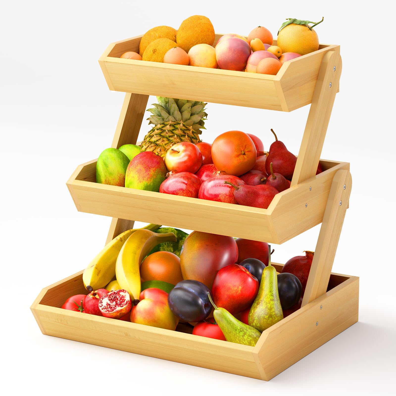 Amazon.com: Amazer Wooden Fruit Basket for Kitchen, 3 Tiers Wooden ...