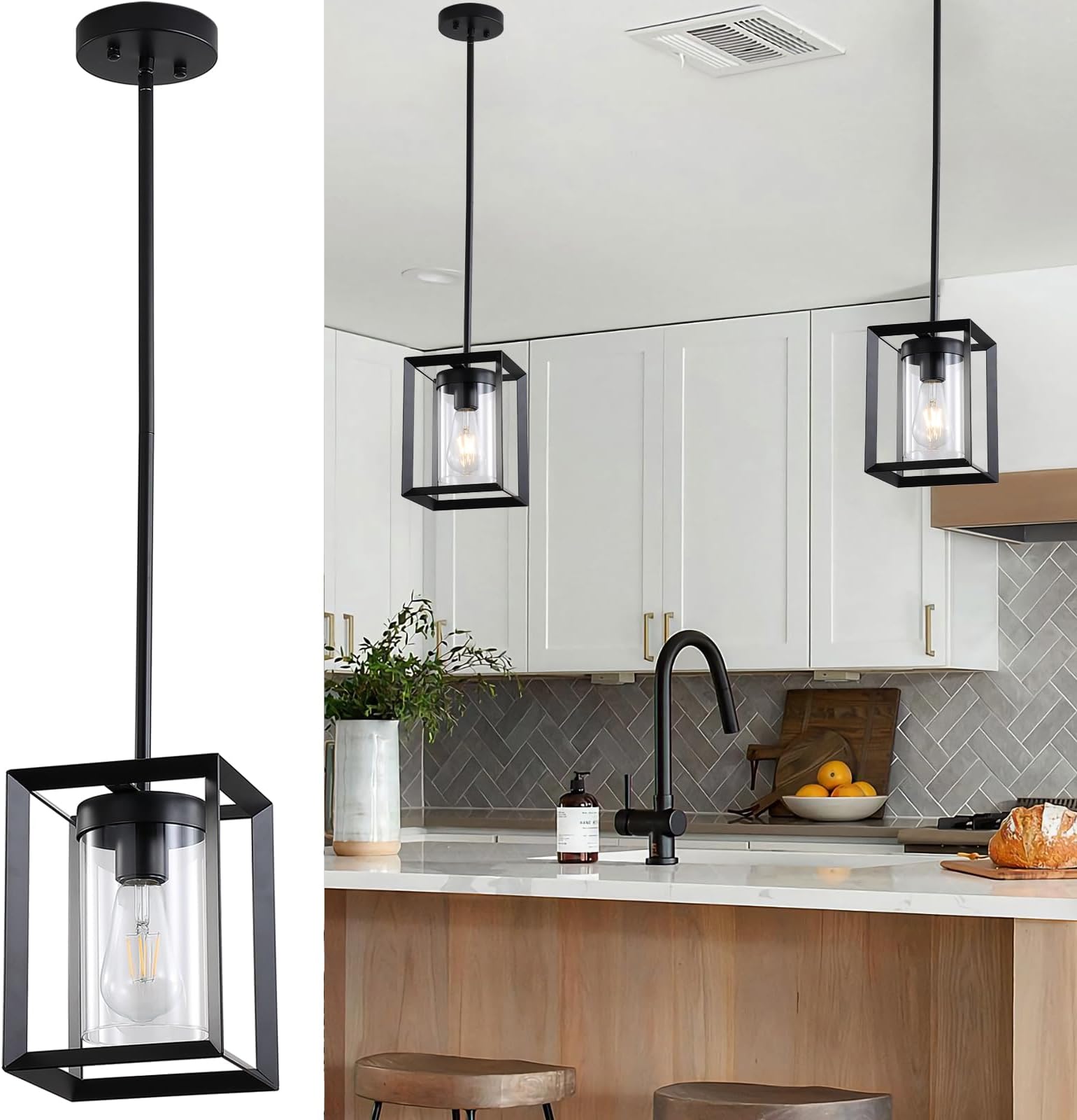 Sheenkarion Farmhouse Black Kitchen Island Pendant Light,2-Light Modern ...