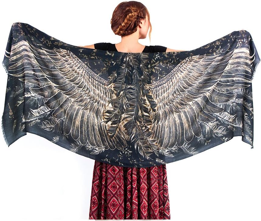 Black Evening Bird feathers Hand Painted & Printed Silk Cashmere Shawl ...