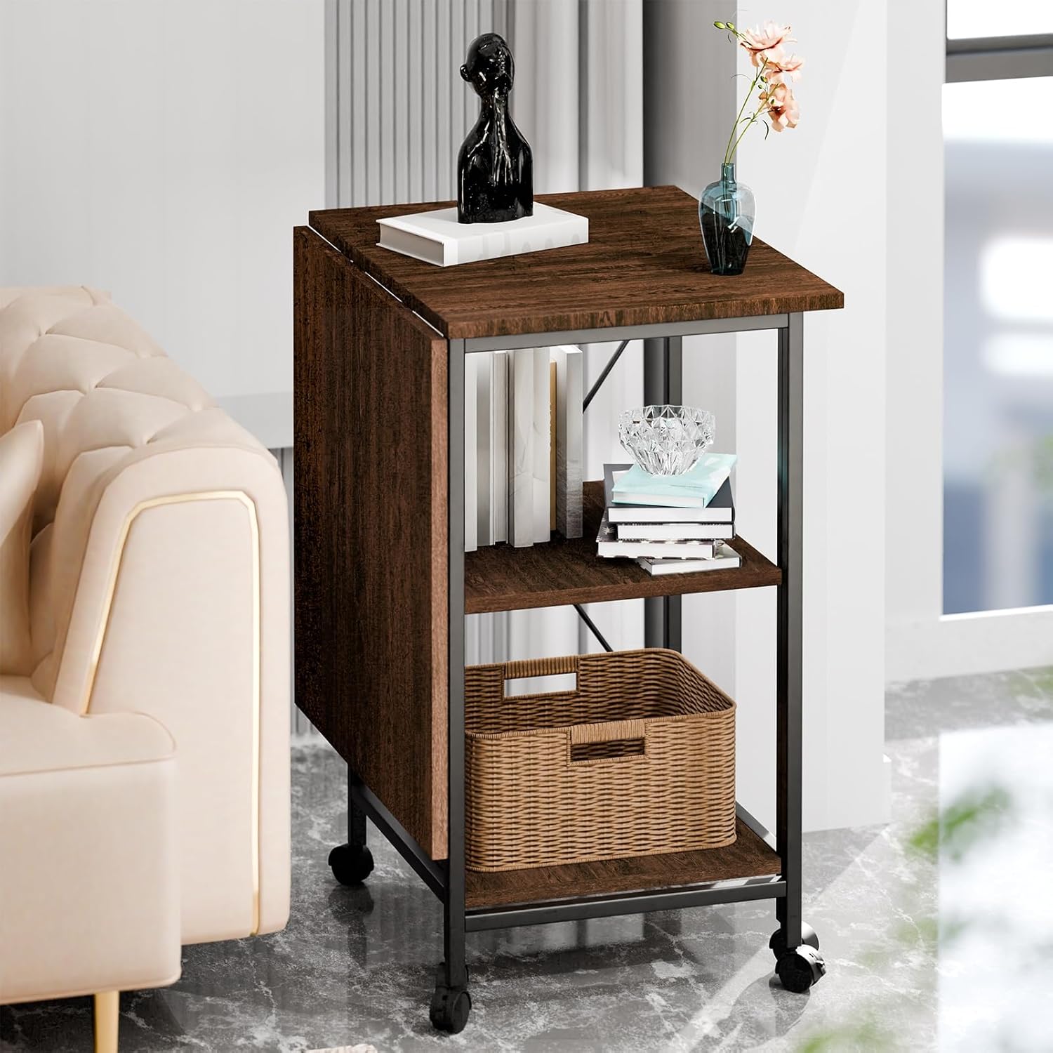 Locwanot Mobile Folding Table, Solid Rolling Computer Desk With Shelves ...