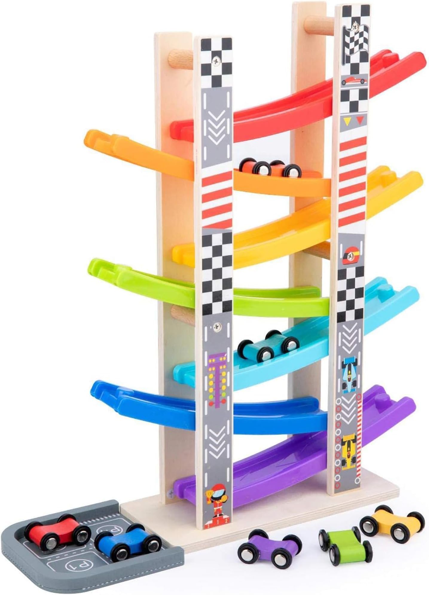 TOWO Zig Zag Car Slide with 4 Wooden Cars & Roof Top Park Playsets ...