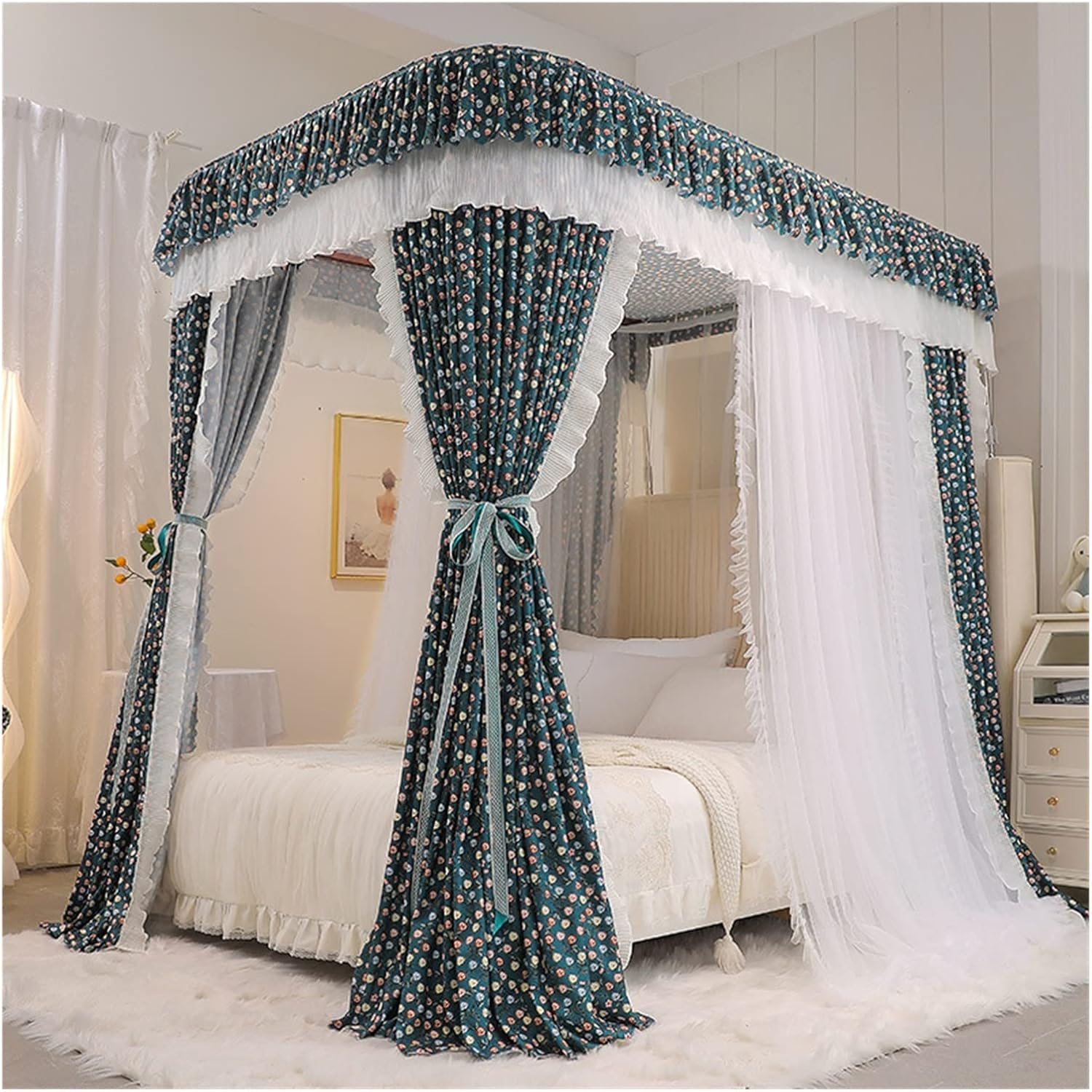 Amazon｜U 字型遮光ベッドカーテン蚊帳レースデュアル目的防蚊帳床から天井まで 3 ドアベッドカーテン(Color:Green,Size ...