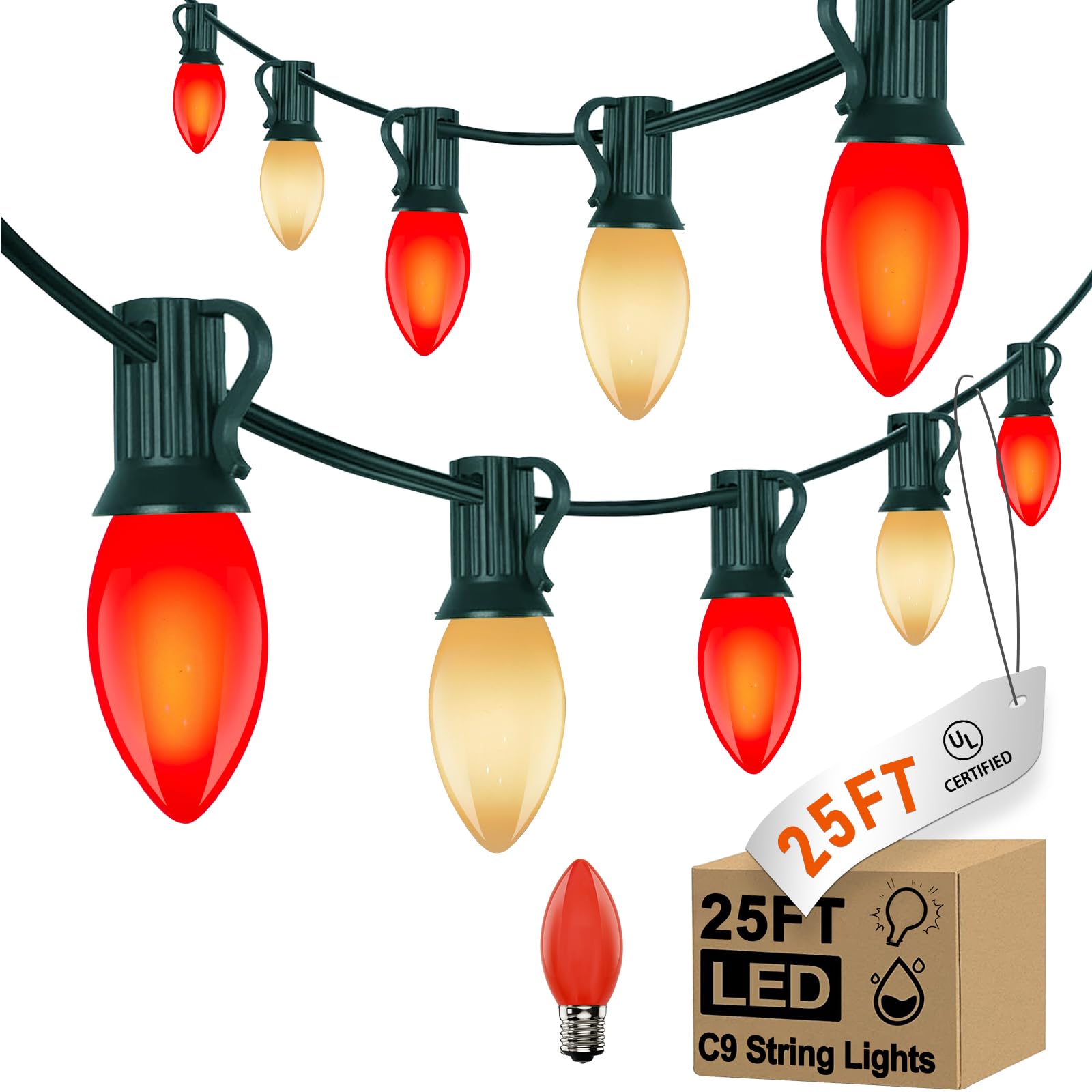 25FT Red and White LED Christmas Lights,LED Christmas Lights with 26 C9 ...